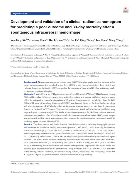 Pdf Development And Validation Of A Clinical Radiomics Nomogram For Predicting A Poor Outcome
