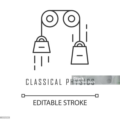 고전 물리학 선형 아이콘입니다 운동과 중력의 법칙 이론적 운동학 물리적 실험 가는 선 그림입니다 등고선 기호입니다 벡터 절연 윤곽선 도면 편집 가능한 스트로크 개념에 대한