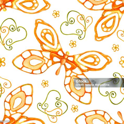 나비 곤충과 원활한 패턴 흰색 배경에 손 수채화 그림 직물 벽지 포장 스크랩북 디지털 종이의 여름과 봄 디자인 요소 갈색에 대한 스톡 벡터 아트 및 기타 이미지 Istock