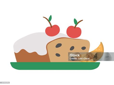 건포도 아이싱 체리를 곁들인 벡터 크리스마스 케이크가 흰색 배경에 고립되어 있습니다 새해 페이스트리의 귀여운 재미있는 그림 전통적인 겨울 디저트 아이콘 건포도에 대한 스톡