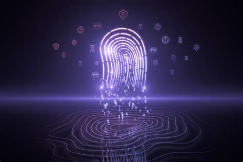 흐릿한 어두운 배경에 빛나는 지문 홀로그램 식별 및 범죄 개념 3d 렌더링 지문에 대한 스톡 사진 및 기타 이미지 지문