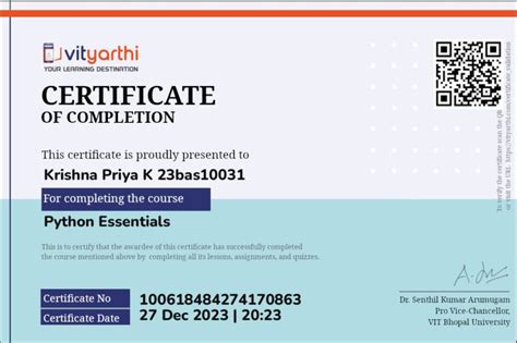 Krishna Priya K On Linkedin I Successfully Completed My Python Essentials From Vityarthi