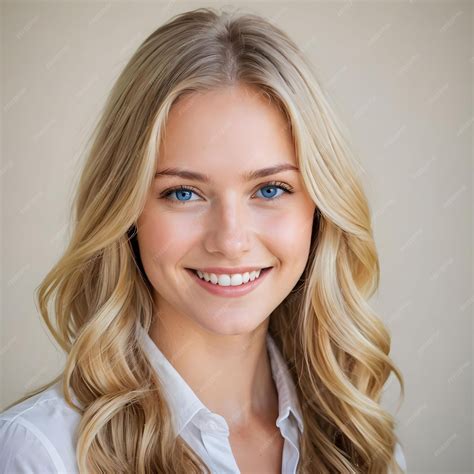 Premium Photo A Beautiful Young Woman With Long Blonde Hair And Blue Eyes Smiling At The Camera
