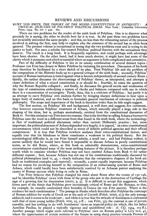Von Fritz Kurt The Theory Of The Mixed Constitution In Antiquity A