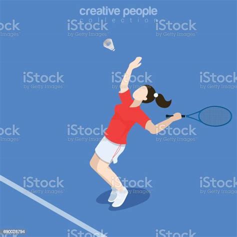 평평한 아이소메트릭 배드민턴 선수 벡터 일러스트 레이 션 Sportswoman 3d 아이소메트리 이미지 여름 국제 경쟁 개념입니다 Championship에 대한 스톡 벡터