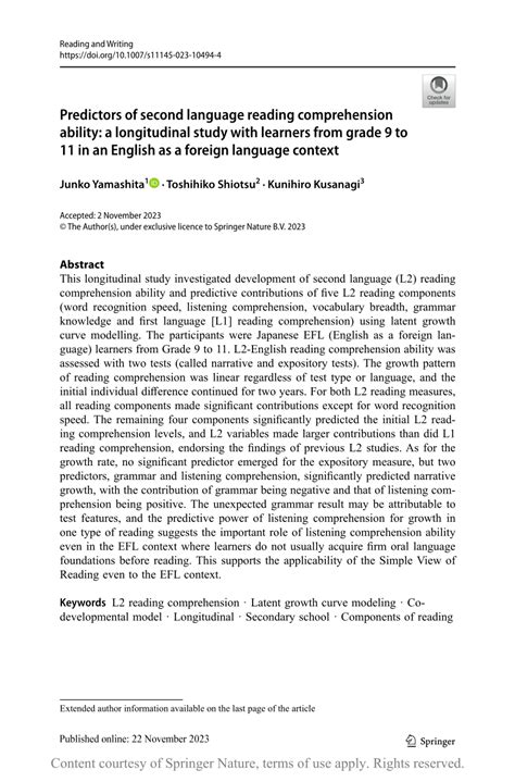 predictors of second language reading comprehension ability a