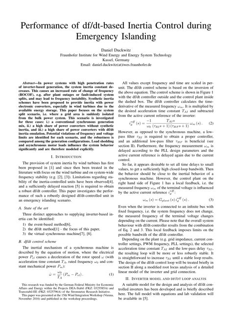 Pdf Performance Of Dfdt Based Inertia Control During Emergency Islanding