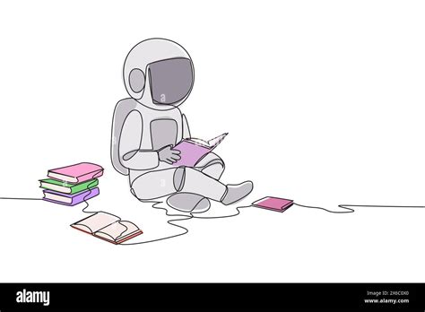 Single Continuous Line Drawing Astronaut Sitting Relax In Library