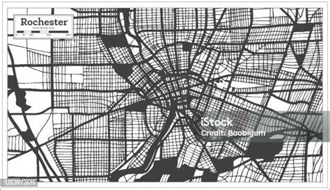 복고풍 스타일의 흑백 색상의 로체스터 미국 시티 지도 윤곽선 맵입니다 로체스터 뉴욕 주에 대한 스톡 벡터 아트 및 기타 이미지