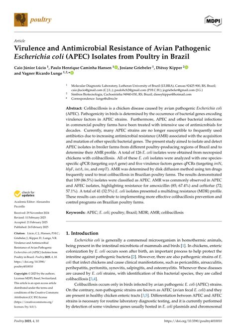 Pdf Virulence And Antimicrobial Resistance Of Avian Pathogenic Escherichia Coli Apec