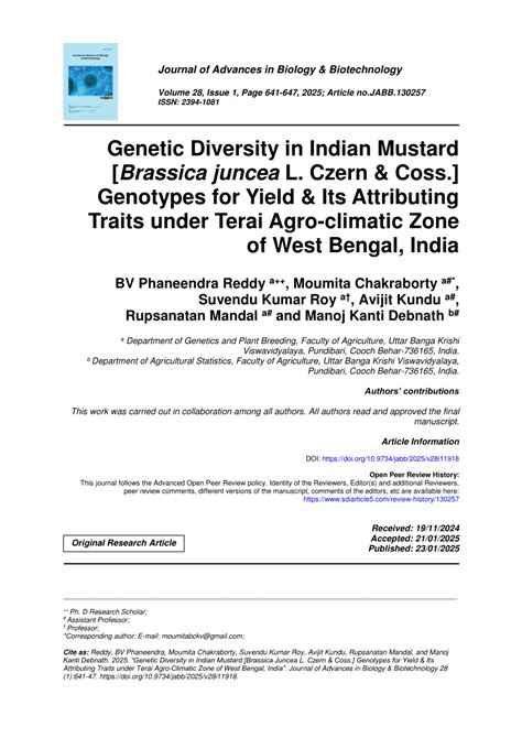 Pdf Genetic Diversity In Indian Mustard Brassica Juncea L Czern