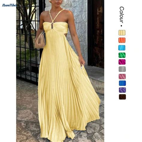 Womens Spaghetti Straps Maxi Dress Flowy Pleated Swing Beach Long