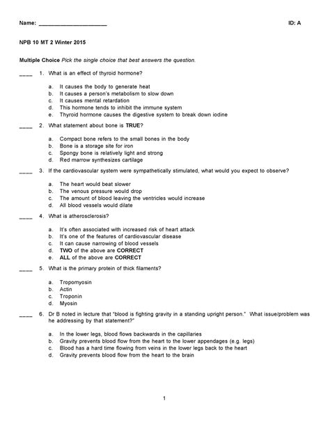 Midterm 2 Practice Exam Name ID A NPB 10 MT 2 Winter 2015 Multiple