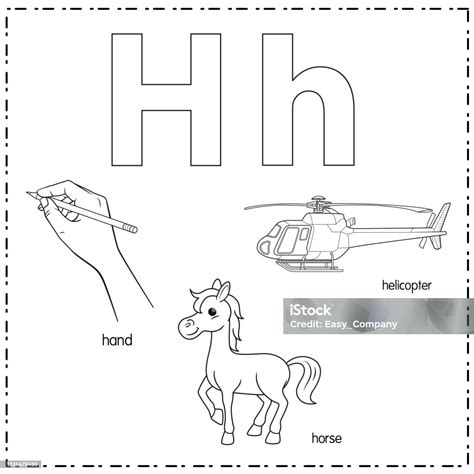 3 개의 만화 이미지를 가진 어린이를위한 소문자와 대문자 모두에서 문자 H를 학습하기위한 벡터 그림 헬리콥터 손 말 가축에 대한