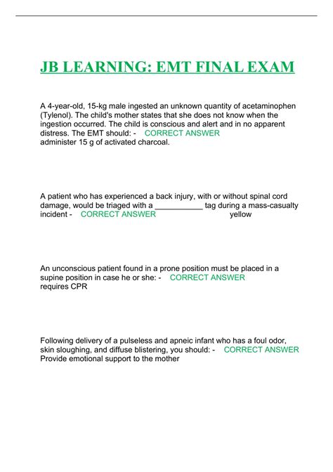 JB LEARNING EMT FINAL EXAM 2023 EMT Stuvia US