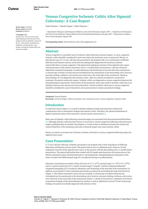 Pdf Venous Congestive Ischemic Colitis After Sigmoid Colectomy A Case Report