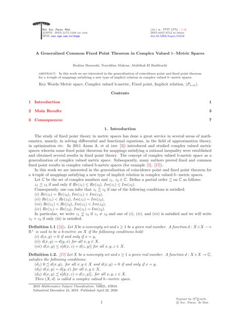 Pdf A Generalized Common Fixed Point Theorem In Complex Valued B−metric Spaces