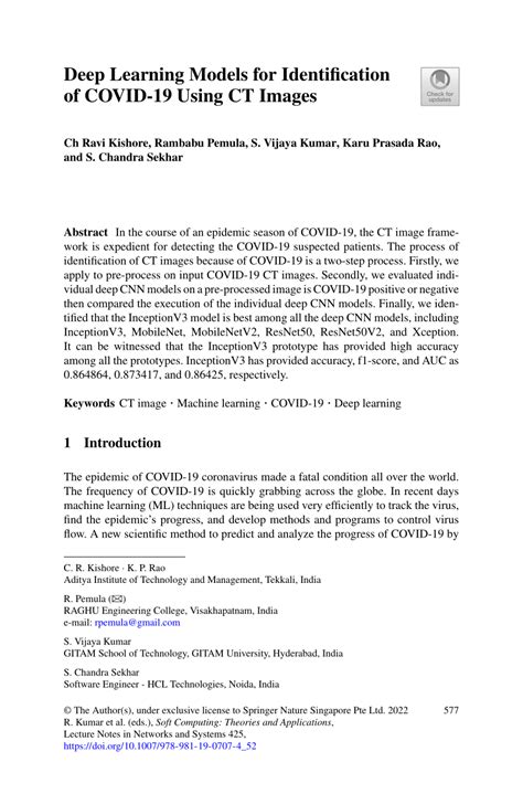 PDF Deep Learning Models For Identification Of COVID Using CT Images