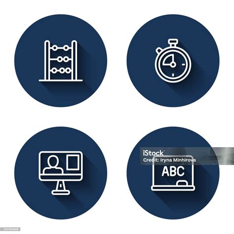 주판 스톱워치 온라인 수업 및 긴 그림자가 있는 칠판을 설정합니다 파란색 원 버튼 벡터 개념에 대한 스톡 벡터 아트 및 기타 이미지 Istock