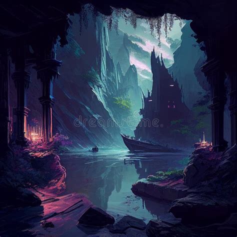 Underdark Caverns Landscape Dnd Roleplaying Purple Blue Cave Lake
