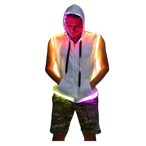 Ledpaty Men White Hooded Tank Led Light Up Sync Burning Man Rave Tops