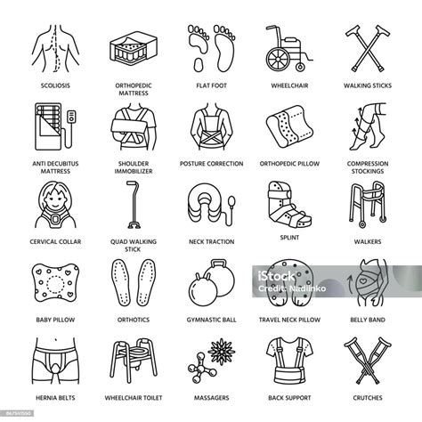 정형 외과 외상 재활 선 아이콘입니다 목 발 정형 외과 매트리스 베개 자 궁 경부 칼라 보조 기 및 다른 의료 재활 상품 클리닉 및 병원 의료 얇은 선형 표시 아이콘에 대한