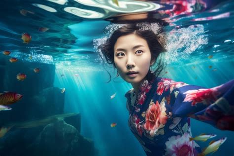 Premium Ai Image Chinese Girl Underwater Swim Beach Generate Ai
