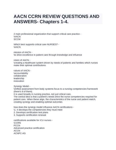 Aacn Ccrn Review Questions And Answers Chapters 1 4 Exams Nursing Docsity