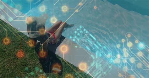 Sunbathing By Pool Woman With Digital Circuit Animation Overlay On