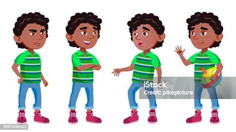 블랙 아프리카 미국인 소년 유치원 아이 포즈 설정된 벡터 유치원 어린 시절 친구입니다 표지 현수막 디자인 격리 된 만화 일러스트 레이 션 가리기에 대한 스톡 벡터 아트 및
