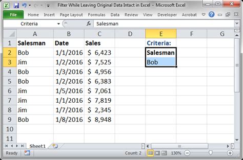 filter while leaving original data intact in excel