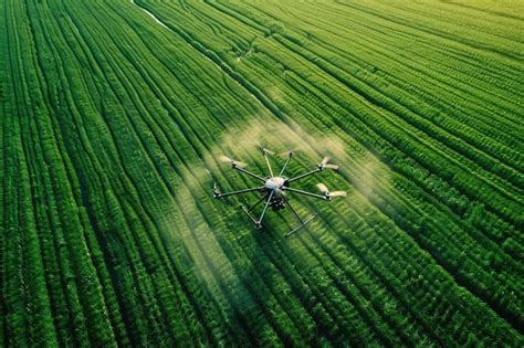 Drone Spraying Fertilizer On Green Field Premium Ai Generated Image
