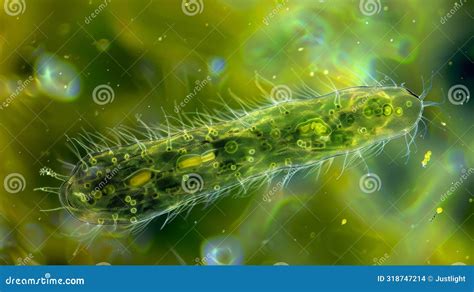 A Microscopic View Of A Single Elongated Algal Cell With Its Flagella And Other Organelles