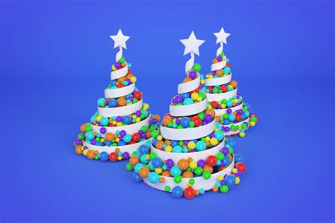 추상 축제 나선형 크리스마스 트리 무지개 크리스마스 볼 화이트 리본의 만든 파란색 배경에 3d 렌더링 그림입니다 12월에 대한 스톡 사진 및 기타 이미지 Istock