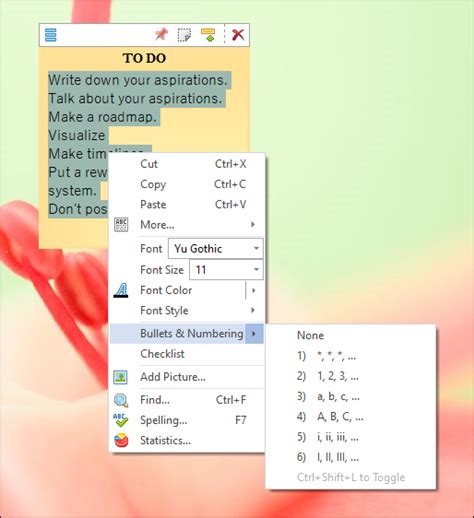 inserting bullets and numbers in notezilla sticky notes conceptworld
