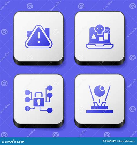 Set Exclamation Mark In Triangle Internet Piracy Cyber Security And Hologram Icon White