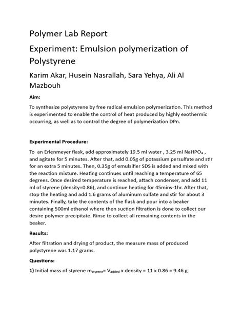 Experiment 1 Emulsion Polymerization Of Polystyrene Pdf Polystyrene Physical Sciences