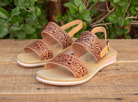 Womens Mexican Sandals Leather Rose Stamped Open Toe Huarache Etsy