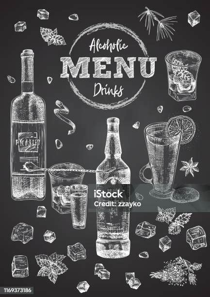 빈티지 손으로 그린 스케치 디자인 바 레스토랑 검은 분필 보드 배경에 카페 커버 메뉴 그래픽 벡터 아트입니다 얼음과 민트위스키