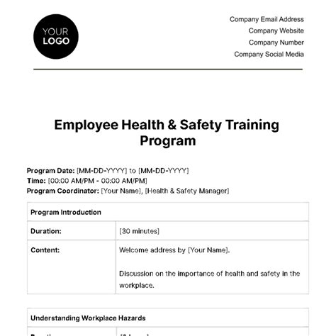 Employee Health And Safety Training Program Template Edit Online