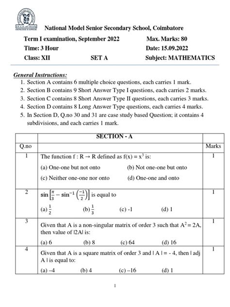 Grade Xii Math Set A Qp 150922 Pdf Area Mathematical Objects