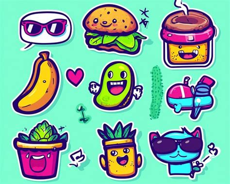 Collection Of Humorous And Quirky Stickers Or Clipart Illustrations With Playful And Exaggerated
