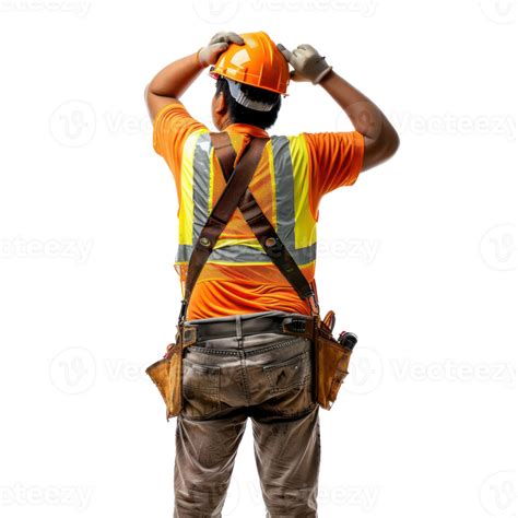 Back View Of Construction Worker Looking At Something Up Standing