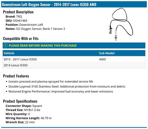 2014 2018 Lexus Is350 Oxygen Sensor Trq Osa61465 Downstream Left