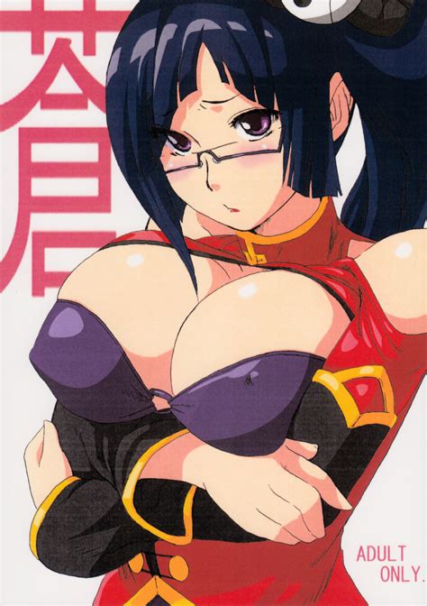 rule 34 black hair blazblue blush breasts cleavage female glasses large breasts litchi faye