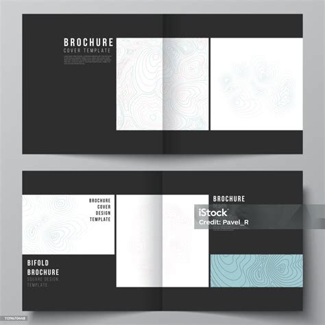 사각형 디자인 폴드 브로셔 잡지 전단지 소책자를 위한 두 개의 커버 템플릿의 편집 가능한 레이아웃의 블랙 컬러 벡터 일러스트 지형 윤곽 지도 추상 단색 배경입니다 0명에