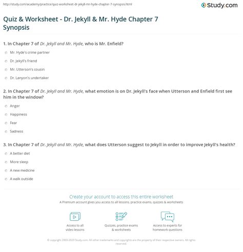 Quiz Worksheet Dr Jekyll Mr Hyde Chapter Synopsis Study Com