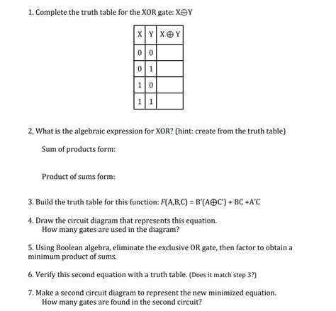 Solved Complete The Truth Table For The XOR Gate XOY X Chegg Com