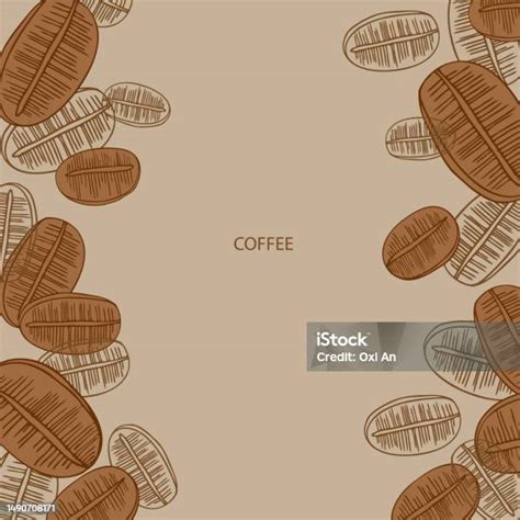 커피가 있는 템플릿입니다 커피 색상의 곡물이 있는 배경 손으로 그린 커피 원두 세트 패턴의 그림 라벨 인쇄 포장 카드 텍스트 배경 디자인 요소입니다 벡터 0명에 대한 스톡