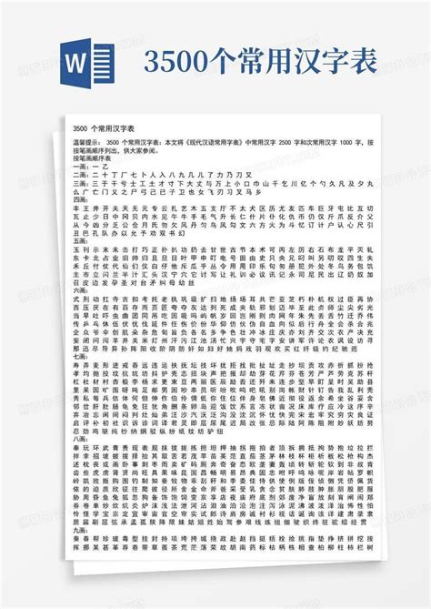 3500个常用汉字表Word模板下载 编号lvmdvjda 熊猫办公